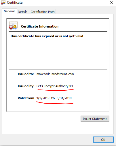 Certificate error in makecode.mindstorms.com website · Issue #864 · microsoft/pxt-ev3 · GitHub
