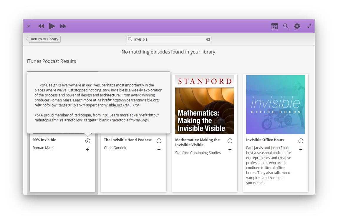 Unescaped show description for 99% Invisible · Issue #352 · VocalPodcastProject/vocal · GitHub