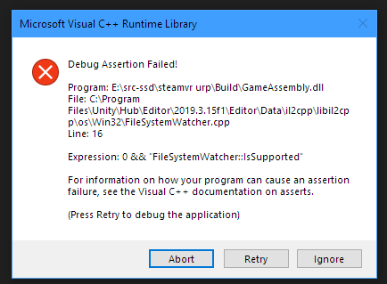 FileSystemWatcher usage causes assert with il2cpp · Issue #48 · ValveSoftware/unity-xr-plugin ...
