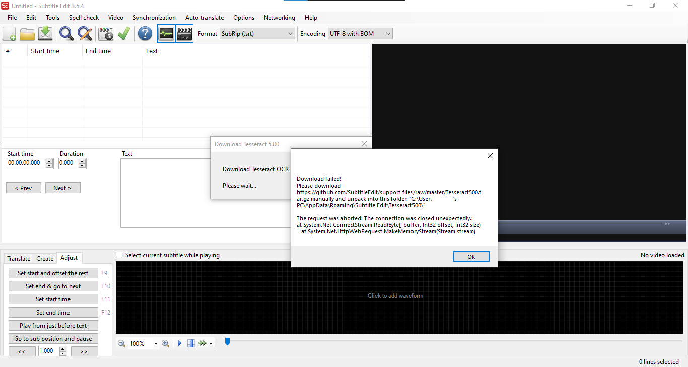 Download Tesseract 5 00 Failed Error · Issue 6371 · Subtitleedit
