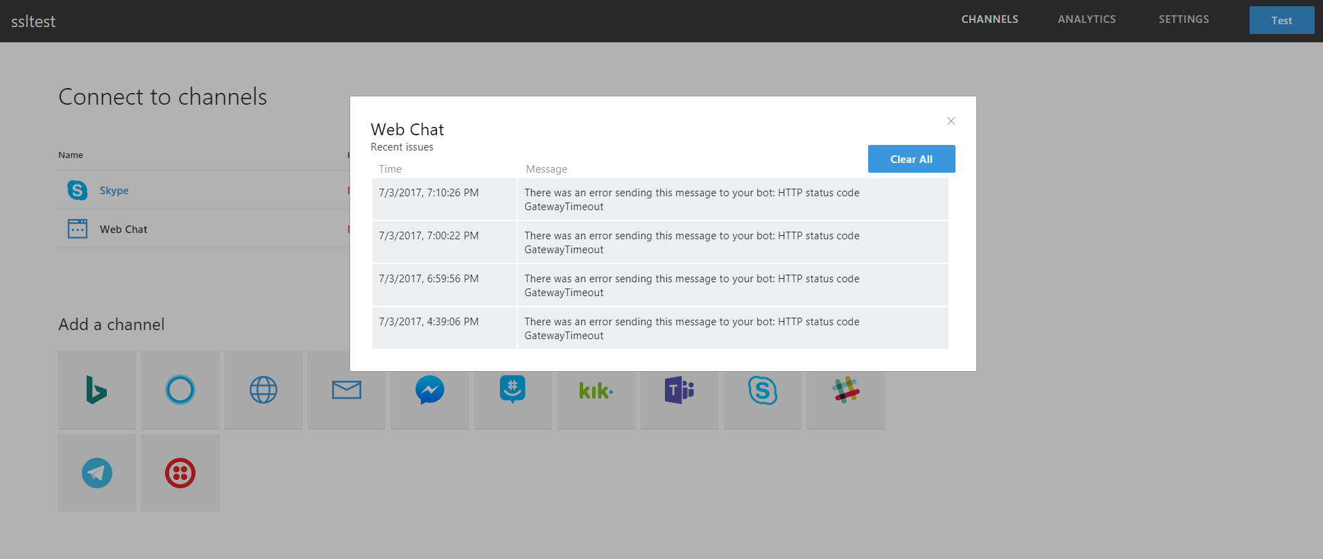 [Bot Portal] Errors in channel health but code works fine with skype channel · Issue #3075 ...