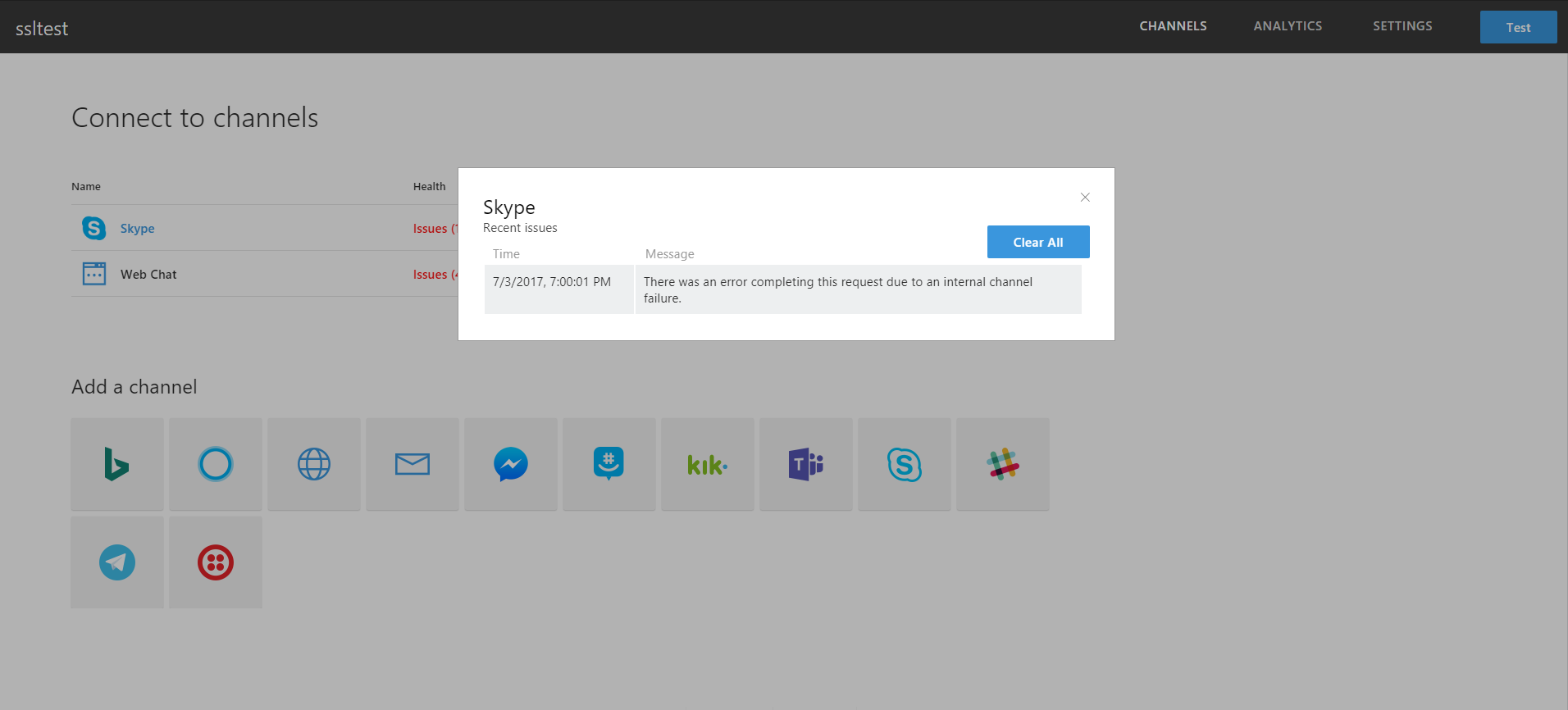 [Bot Portal] Errors in channel health but code works fine with skype channel · Issue #3075 ...