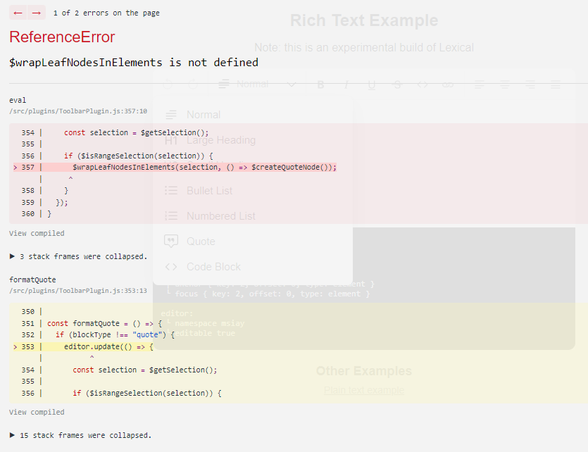 Bug Inocrrect Function Call Causes An Error In Rich Text Example When You Click On Quote Option