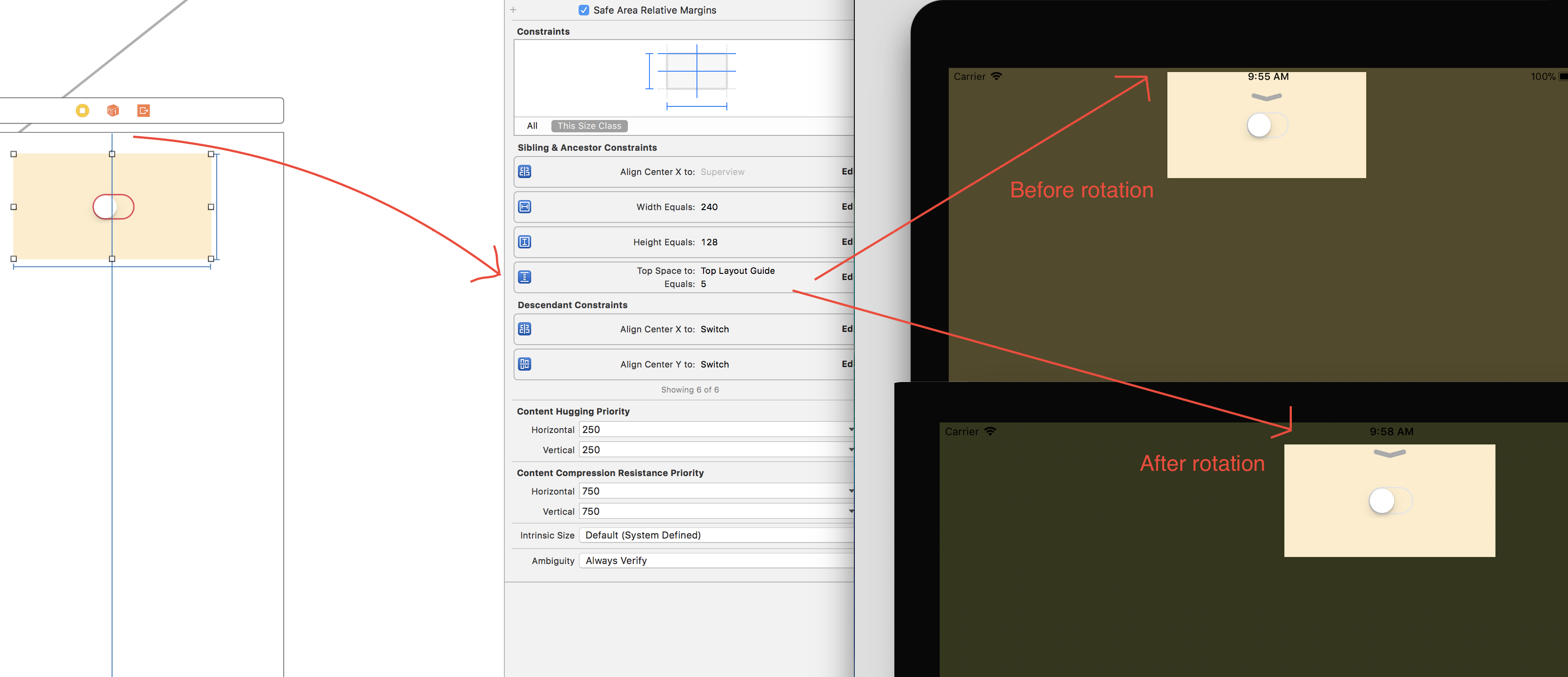 Initial full-screen view slides behind status bar; interaction with view element "corrects" the ...