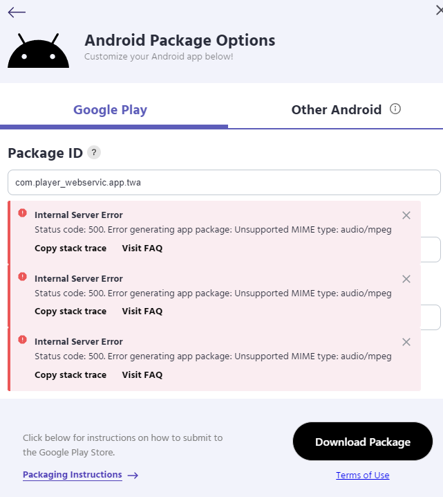 [BUG] Google Play package generation error 500 · Issue #3549 · pwa-builder/PWABuilder · GitHub