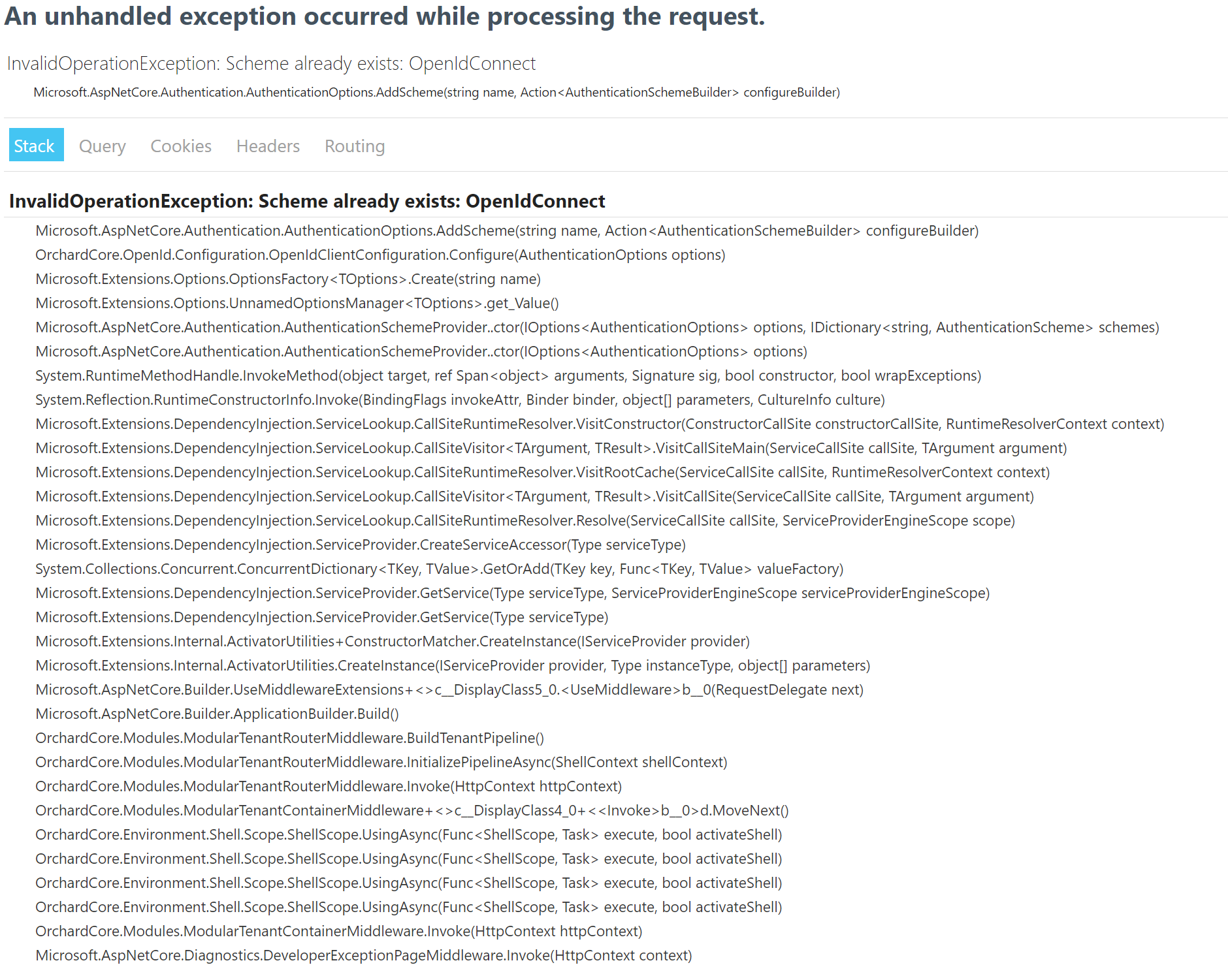 invalidOperationException: Scheme already exists: OpenIdConnect · Issue #13541 · OrchardCMS ...