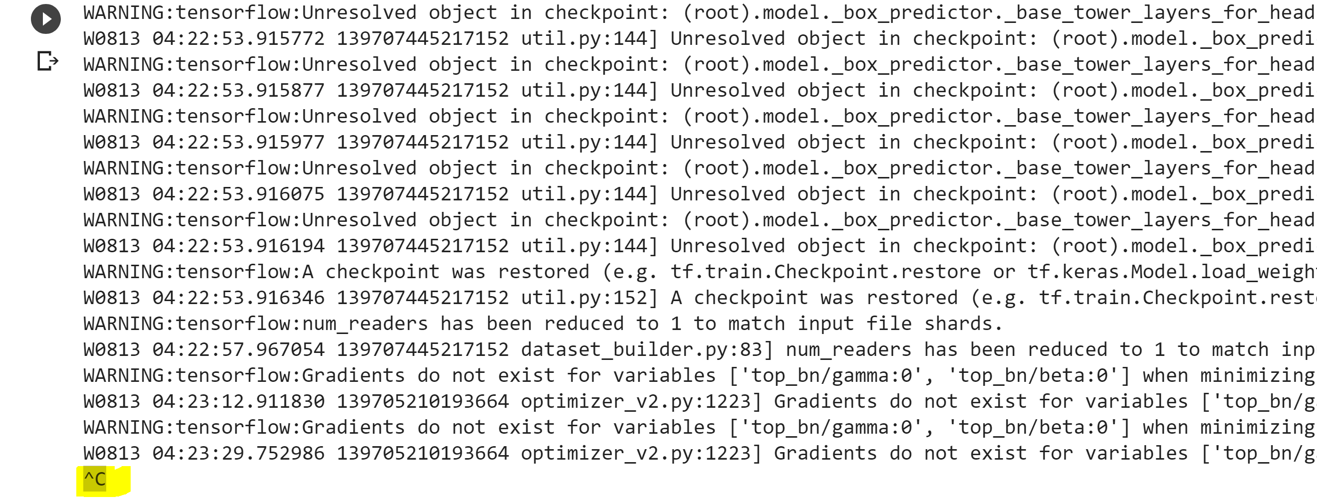 Exiting with ^C when trying to train with any tensorflow 2 model ...