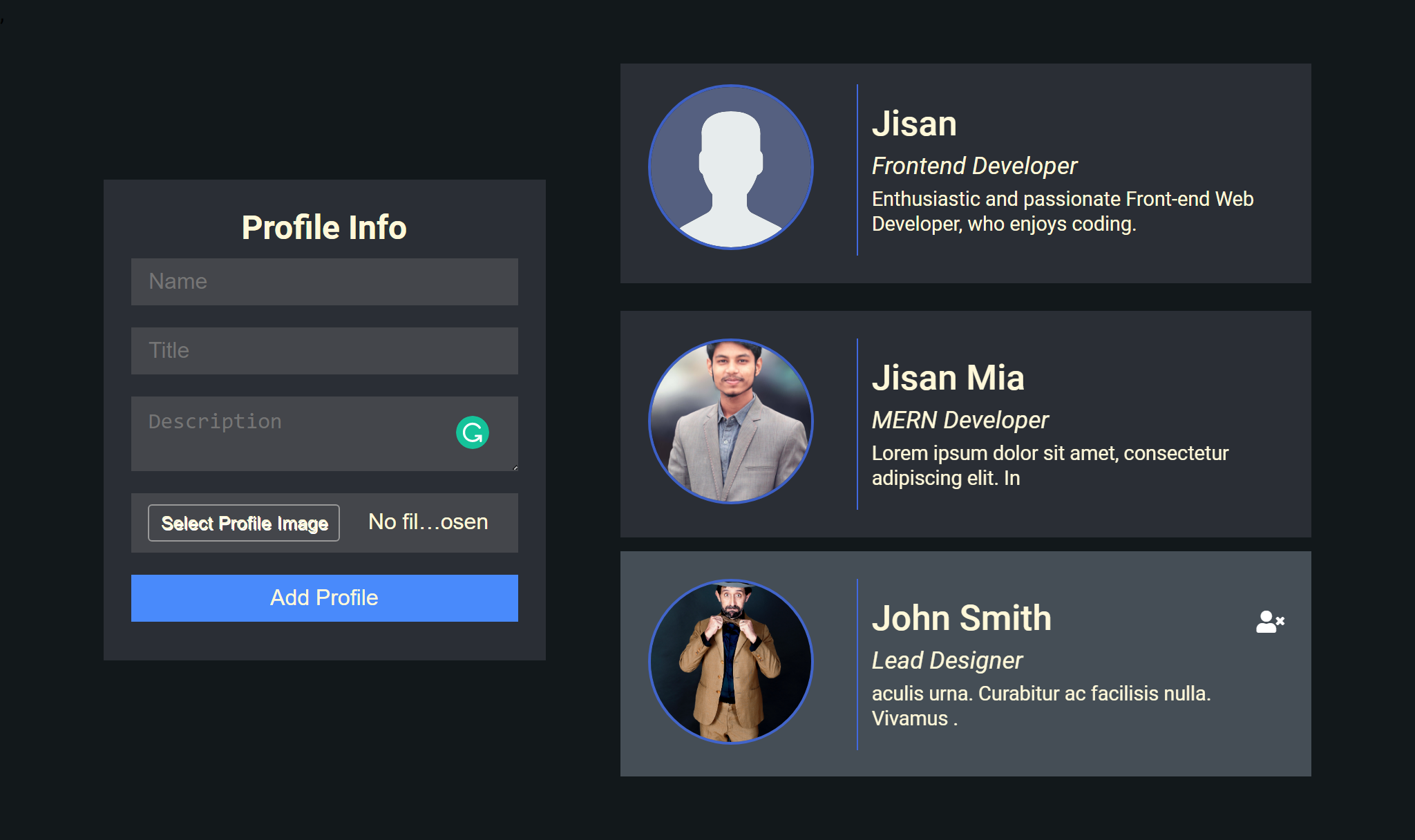 GitHub - Jisan-mia/profile-card-form-js: This is a dynamic form with profile card using JavaScript.