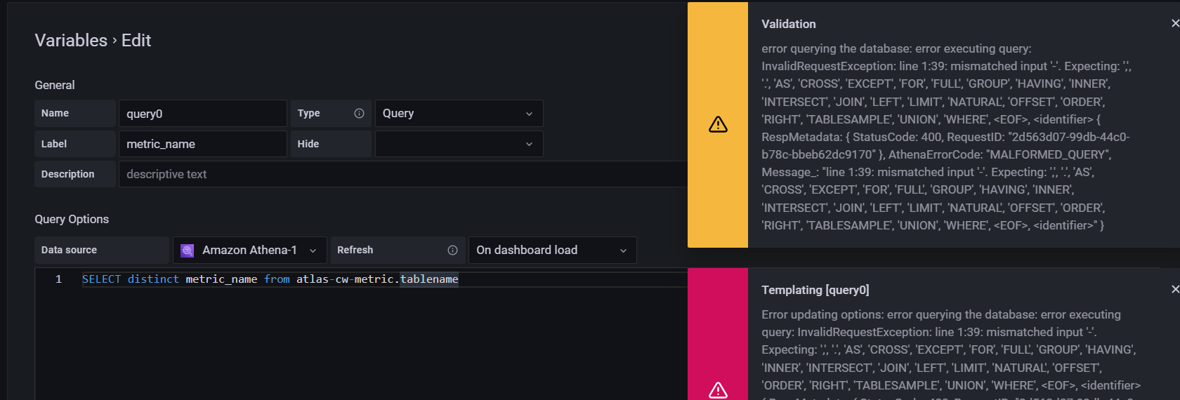 InvalidRequestException while creating variable in Athena/Grafana · Issue #134 · grafana/athena ...