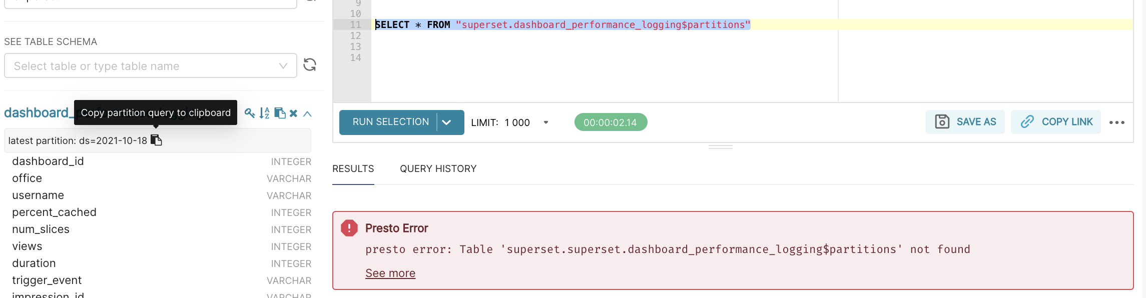 [SQL Lab] Copy partition to clipboard doesn't work in left SQL Lab panel · Issue #13386 · apache ...