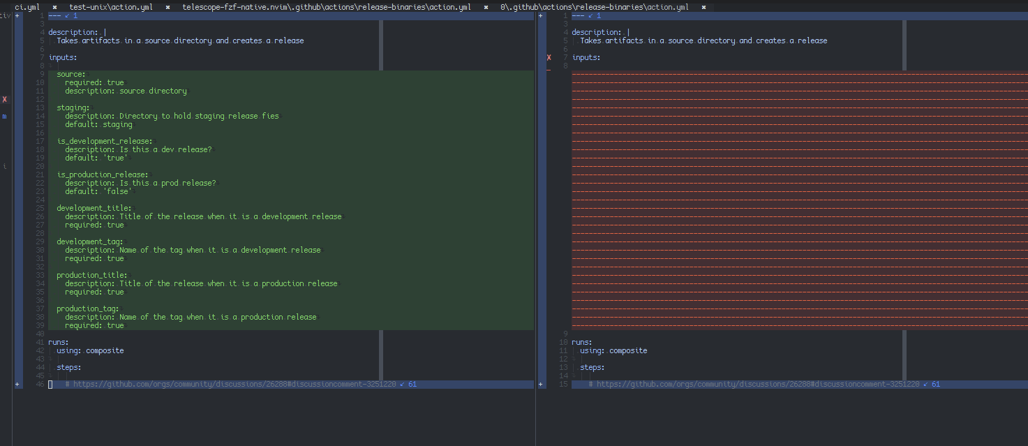 How was the red fill pattern for fugitive diff acheived? · Issue #2 · Civitasv/runvim · GitHub