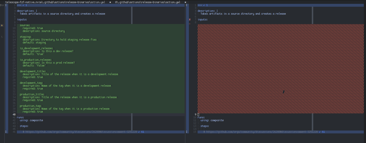 How was the red fill pattern for fugitive diff acheived? · Issue #2 · Civitasv/runvim · GitHub