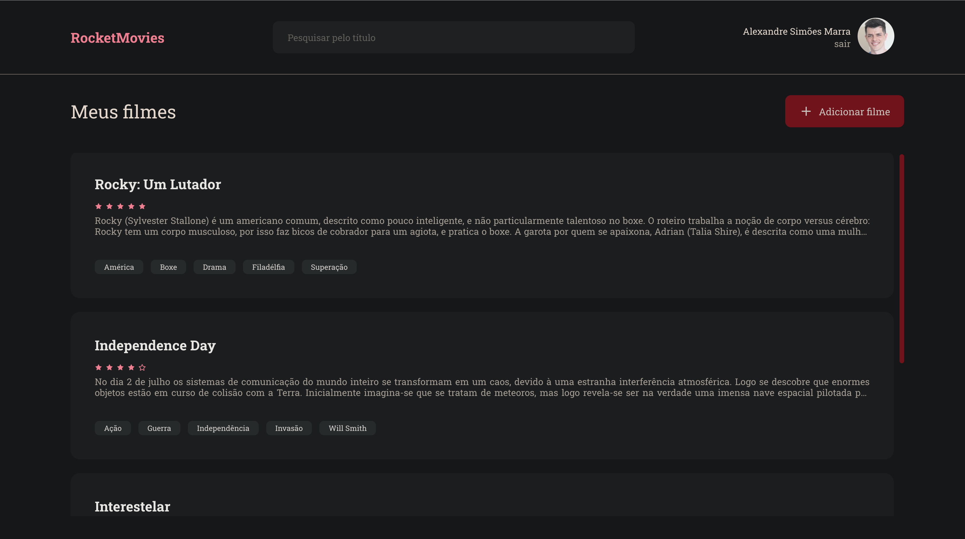 GitHub - alexsmarra/rocketmovies: Rocketmovies frontend challenge with reactJS, by stage 9 of ...