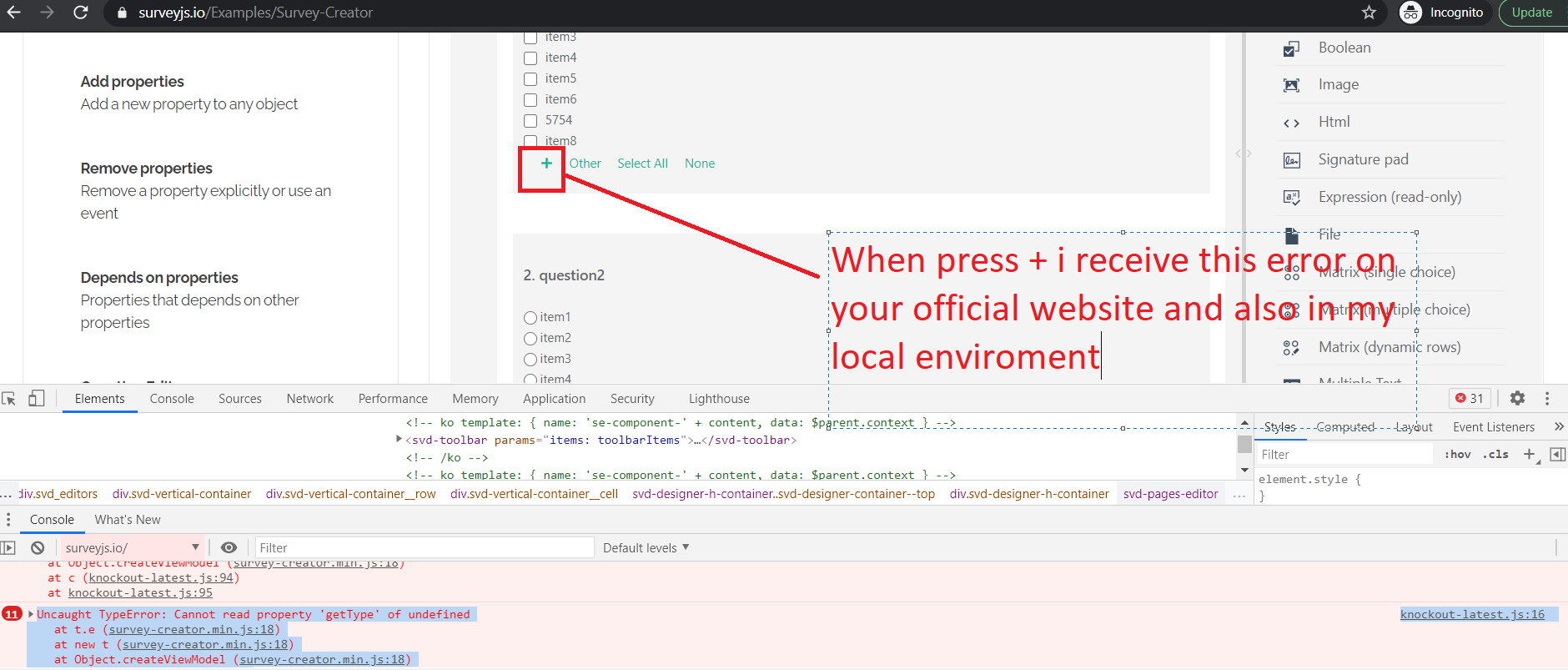 Console error on your oficial website and also on local enviroment · Issue #1135 · surveyjs ...