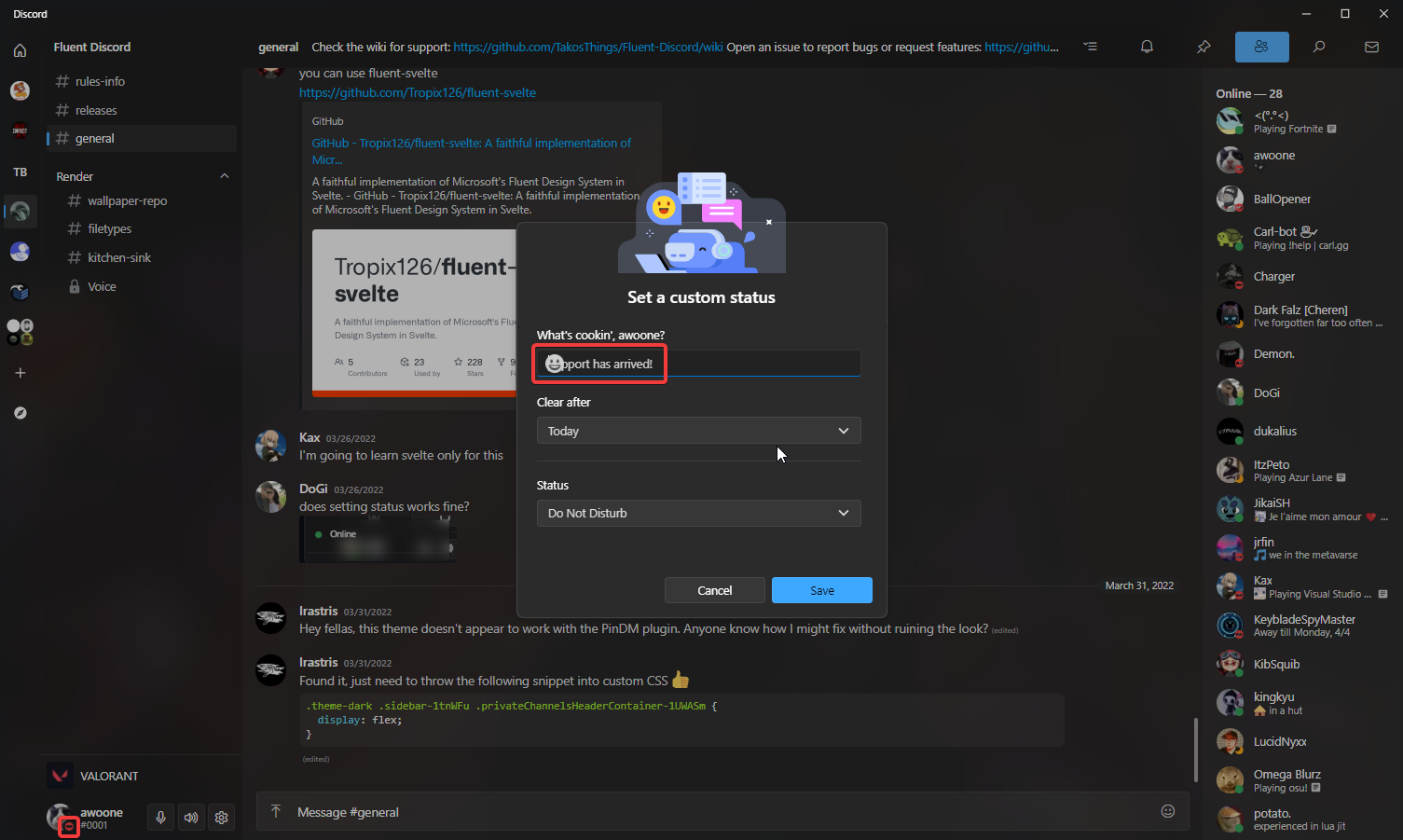 Set a custom status · Issue #105 · TakosThings/Fluent-Discord · GitHub