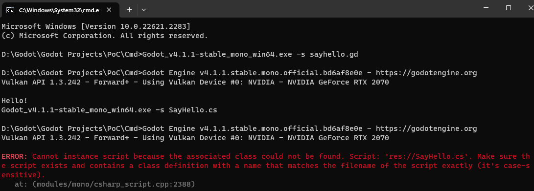 It is not possible to run a c# script via command line in Windows 11 + Godot mono, the given ...