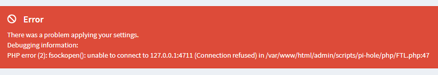 There was a problem applying your settings. Debugging information: PHP error (2): fsockopen ...