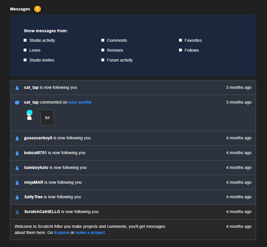"Welcome to Scratch" message support: "message filters" and "Scratch Messaging" addons · Issue ...