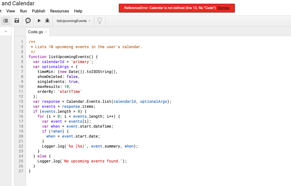 Calendar is not defined line 13 · Issue #141 · googleworkspace/apps-script-samples · GitHub