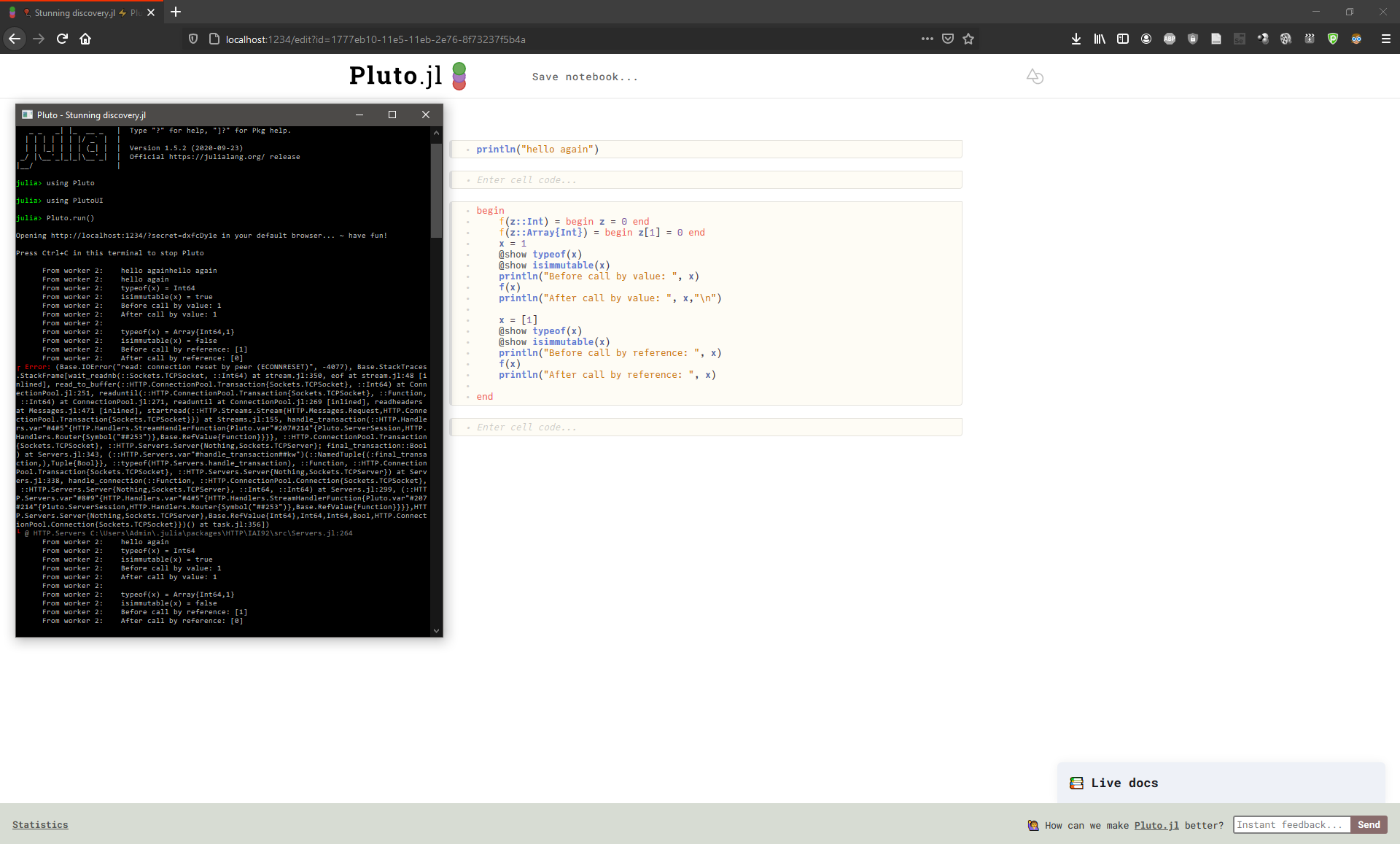 Output from commands not showing inside Pluto notebook but showing in Julia Terminal · Issue ...