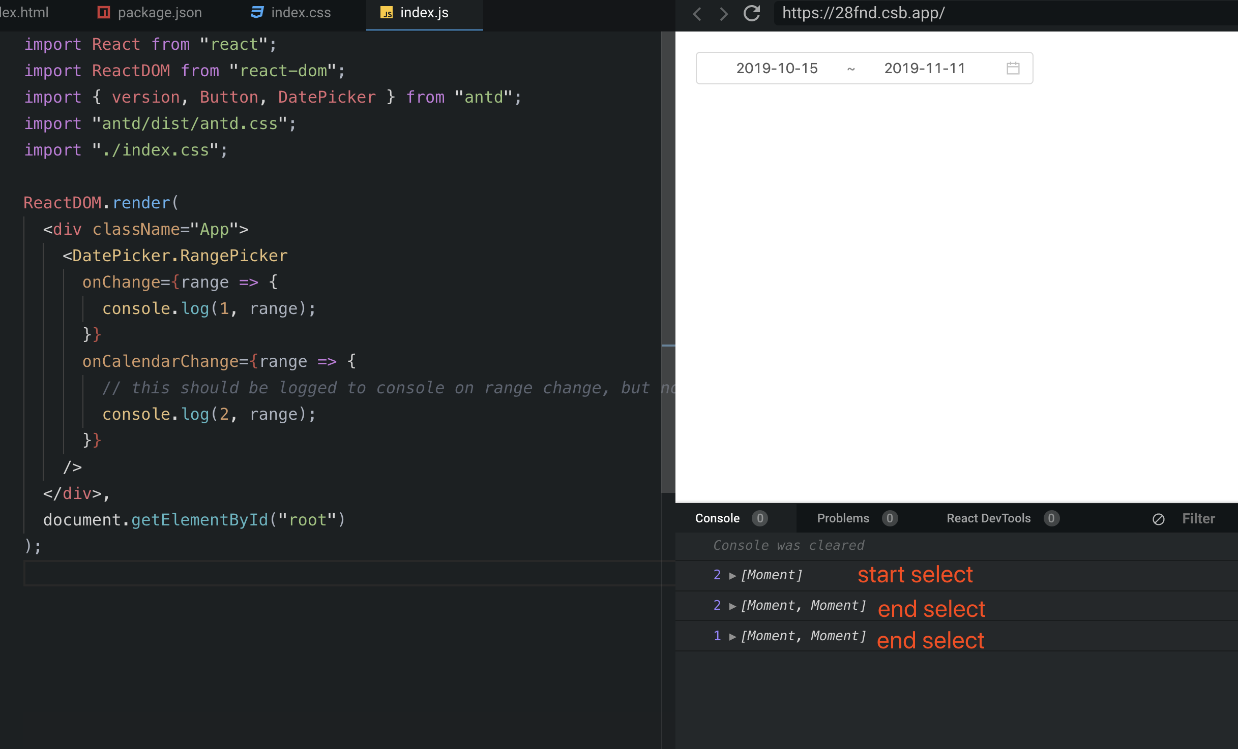 onCalendarChange prop on RangePicker does nothing · Issue #19214 · ant-design/ant-design · GitHub