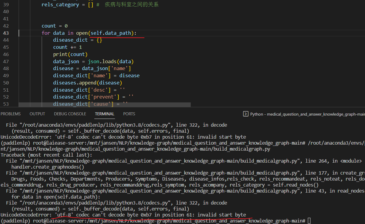我在执行build_medicalgraph.py的时候报错了，请问怎么解决 · Issue #1 · taishan1994/medical_question_and_answer ...
