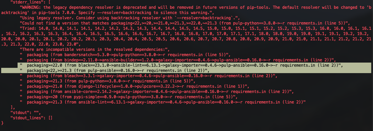 Requirments conflict while installing pulp-ansible · Issue #1366 · pulp/pulp_ansible · GitHub