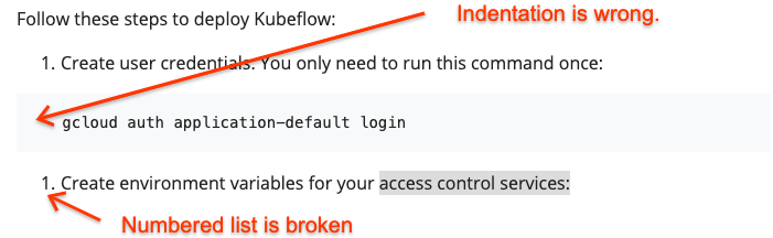 Fix indentation and numbered list on CLI deployment page. · Issue #3266 · kubeflow/kubeflow · GitHub