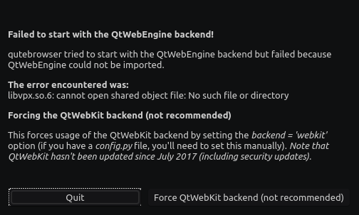 [ libvpx ] QtWebEngine could not be imported · Issue #6764 · qutebrowser/qutebrowser · GitHub