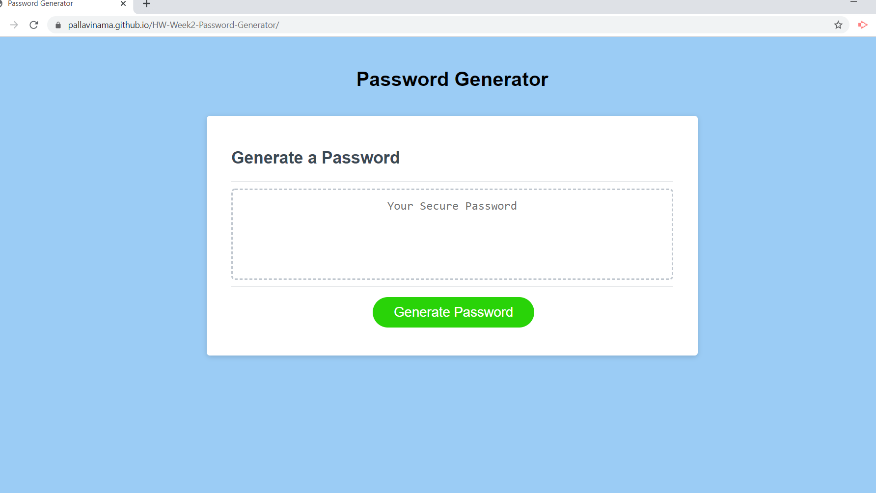 GitHub - pallavinama/HW-Week2-Password-Generator: To Generate random password to the end user ...