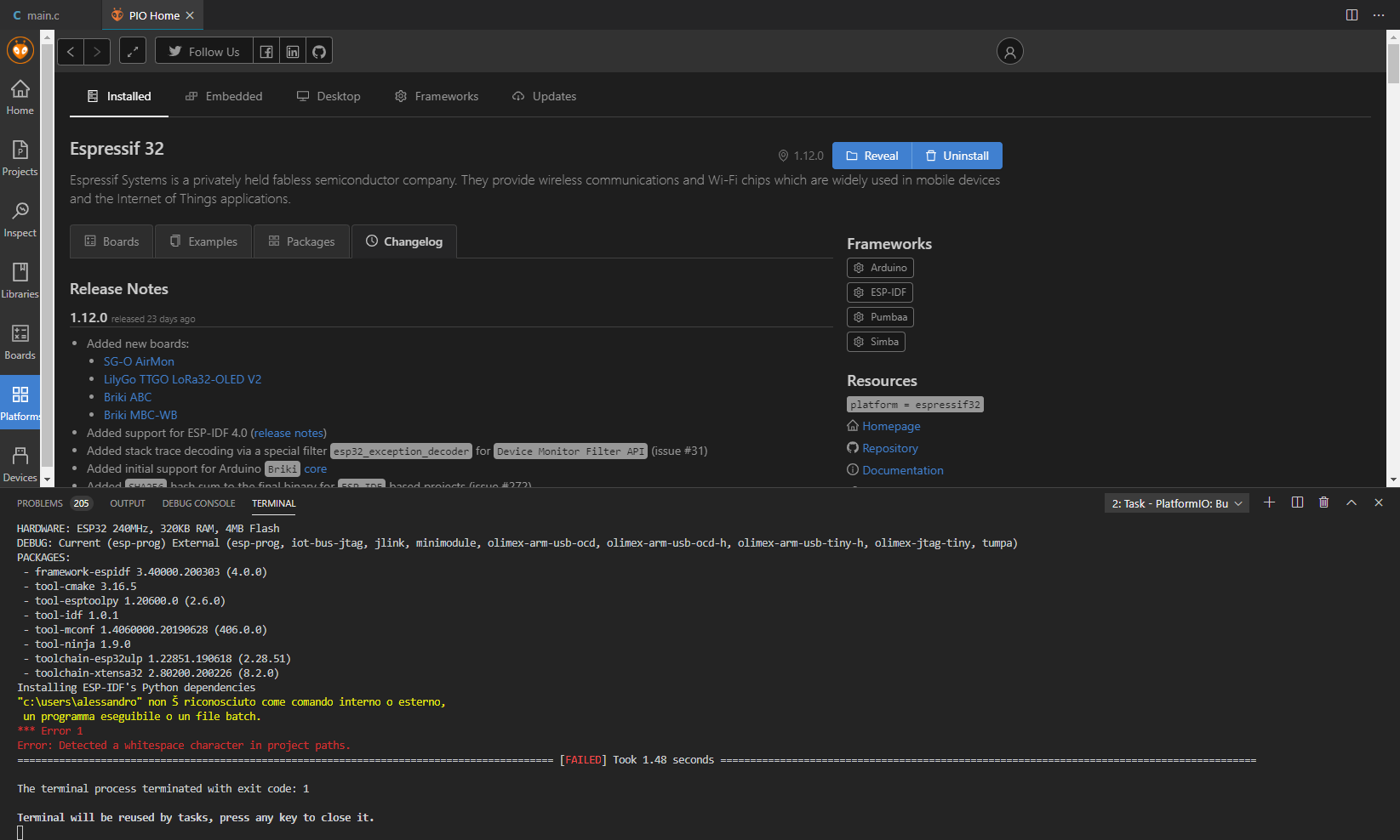 White space error · Issue #1666 · platformio/platformio-vscode-ide · GitHub