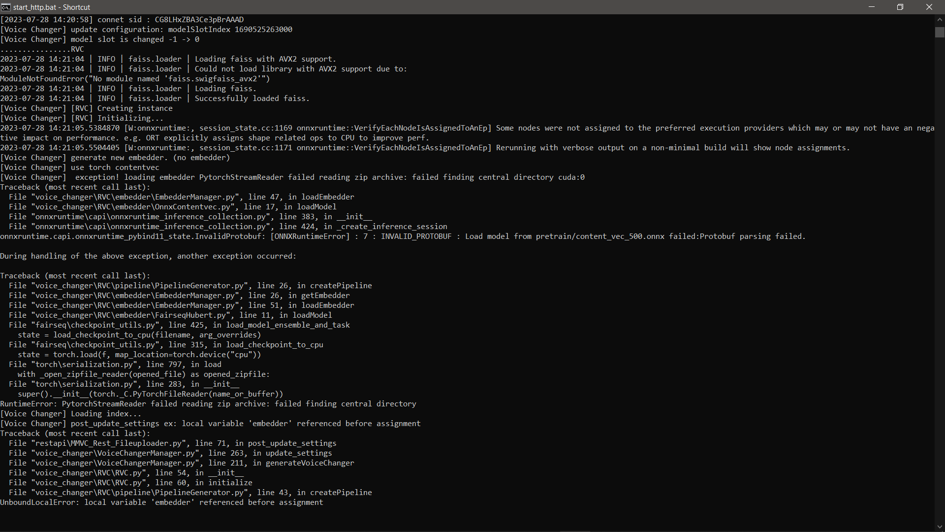 Exception Loading Embedder Pytorchstreamreader Failed Reading Zip Archive Failed Finding