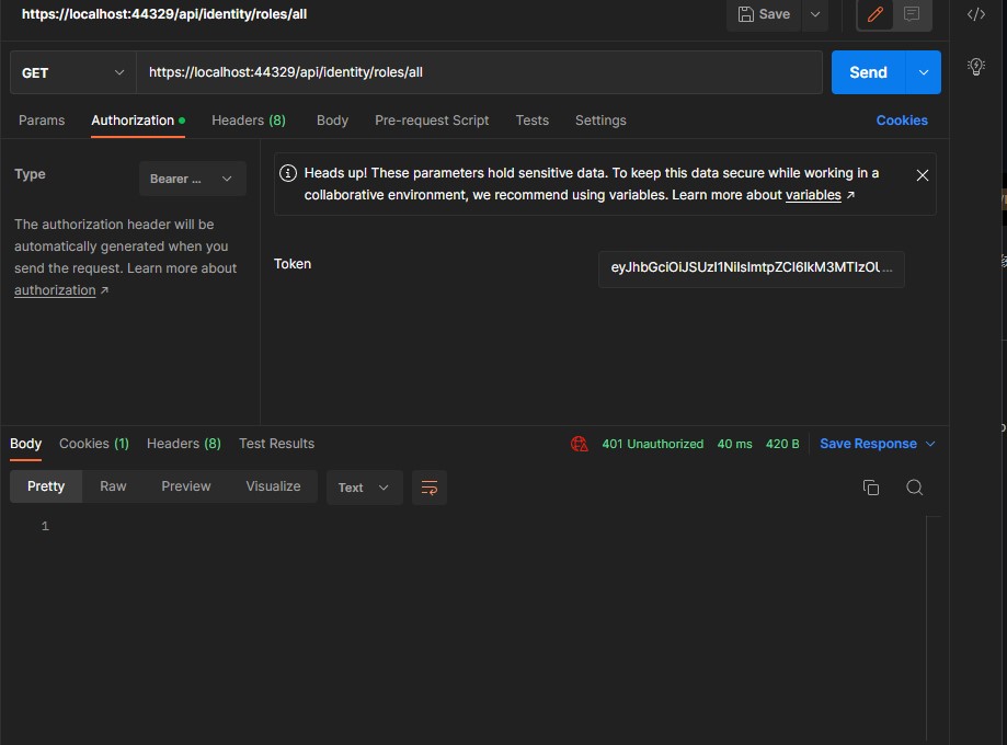 "code": "Volo.Authorization:010001", "message": "Authorization failed! Given policy has not ...