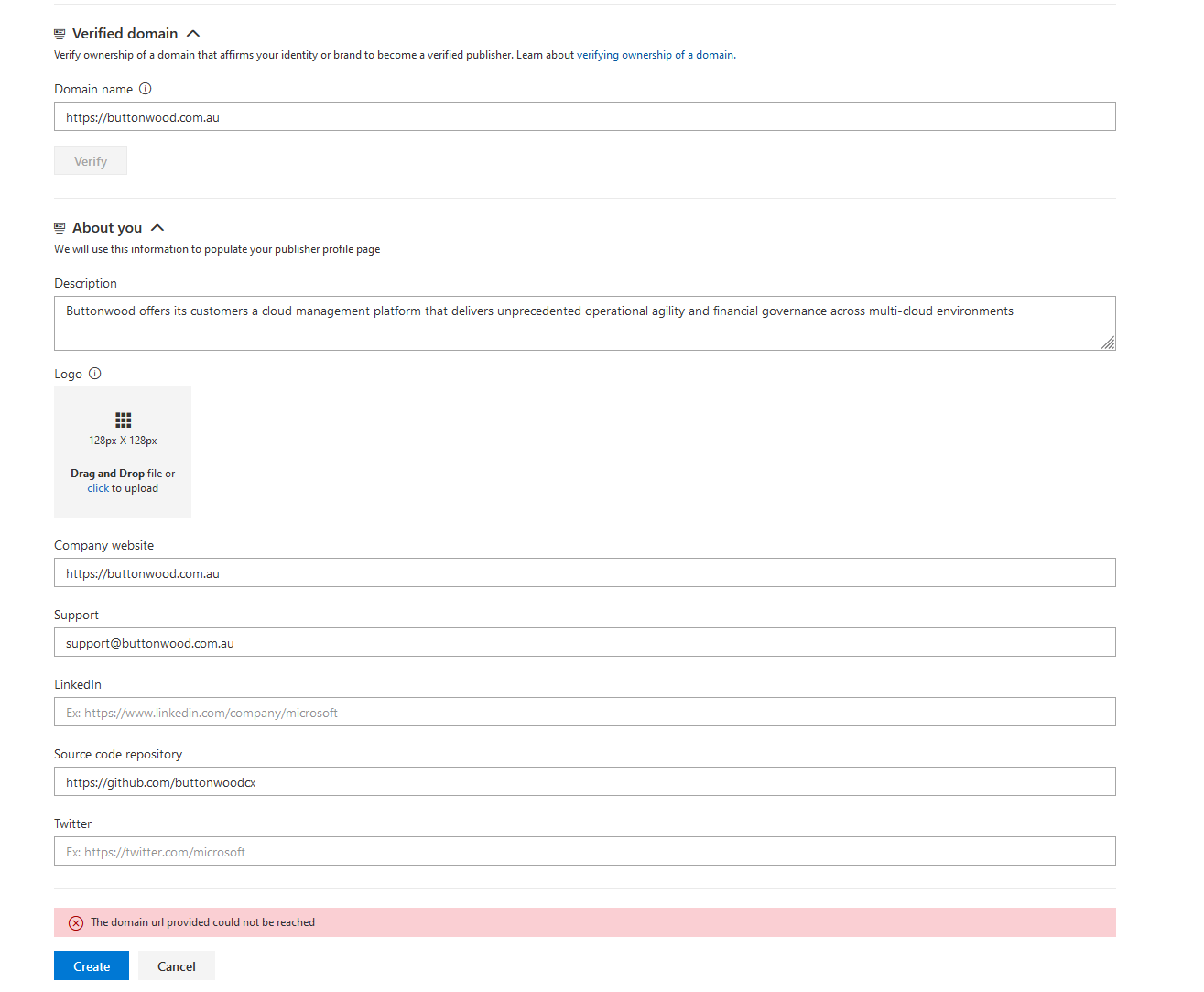 "The domain url provided could not be reached" when creating a publisher - https://buttonwood ...