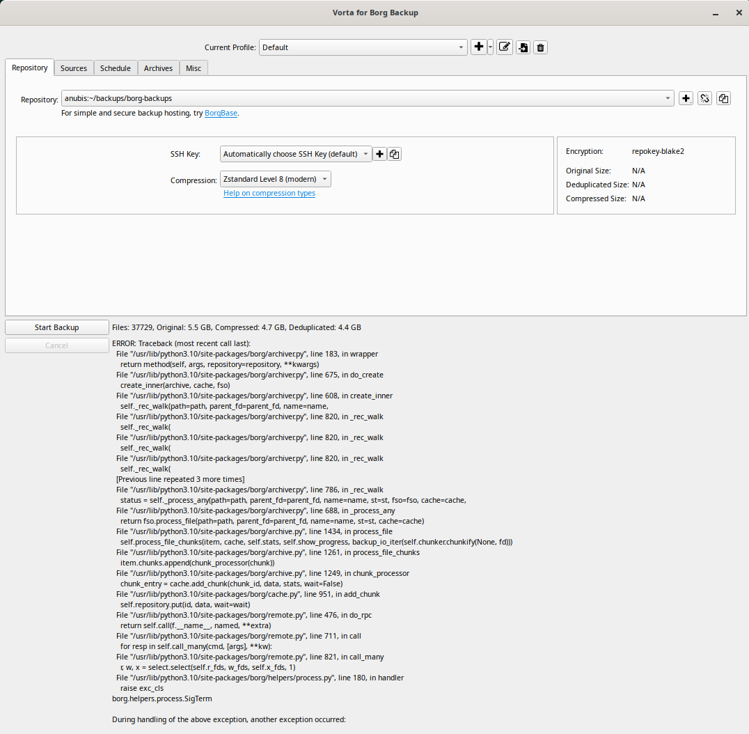 Unhandled Exception while stopping backup task · Issue #1446 · borgbase/vorta · GitHub