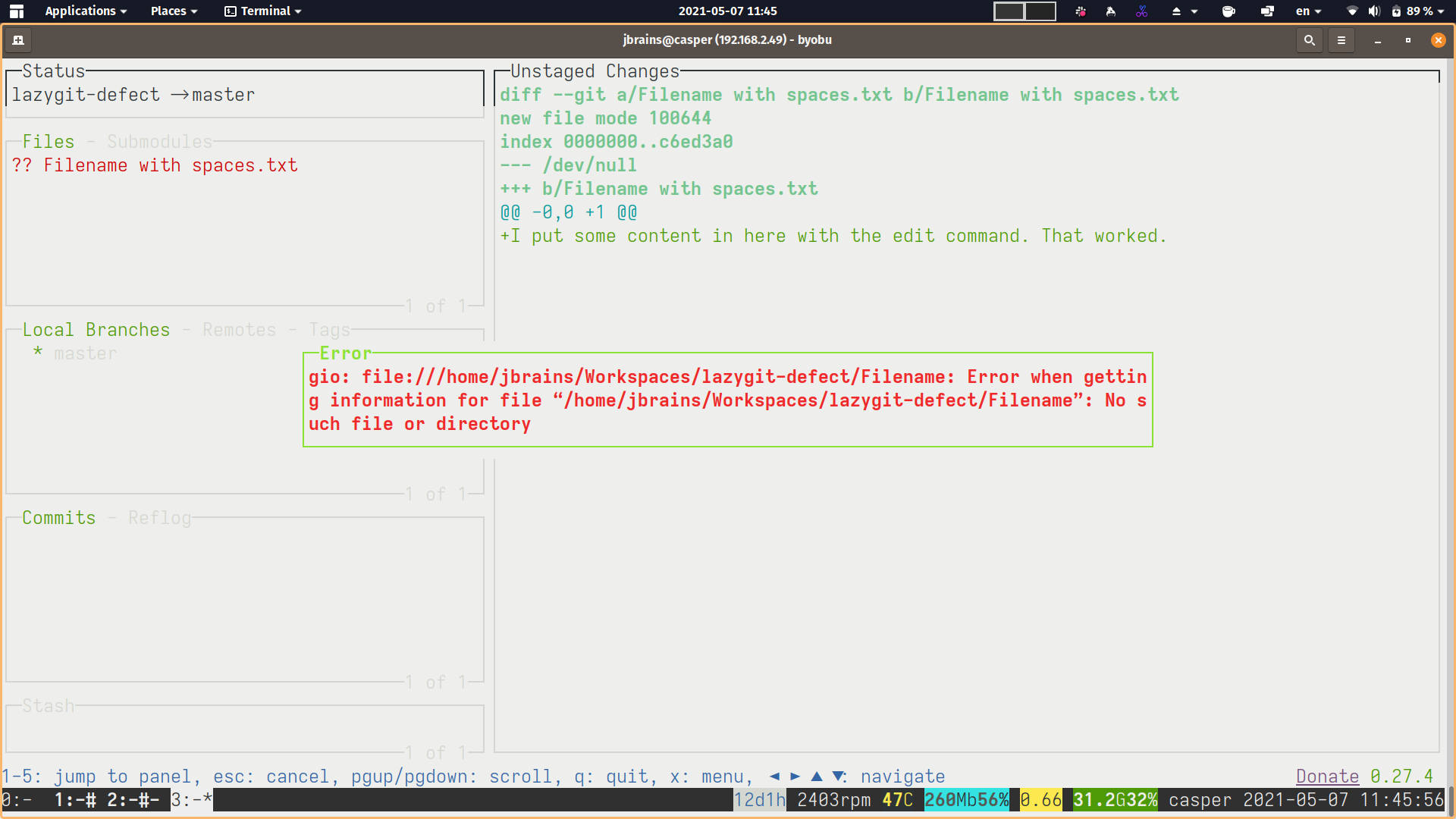 "open file" (o) fails on path containing a space · Issue #1305 · jesseduffield/lazygit · GitHub