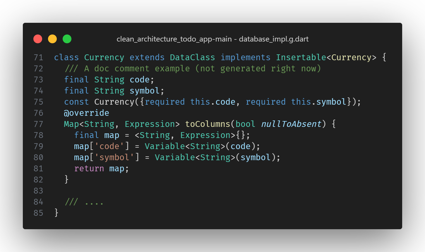 Doc comments in the generated classes from .drift files · Issue #2416 · simolus3/drift · GitHub