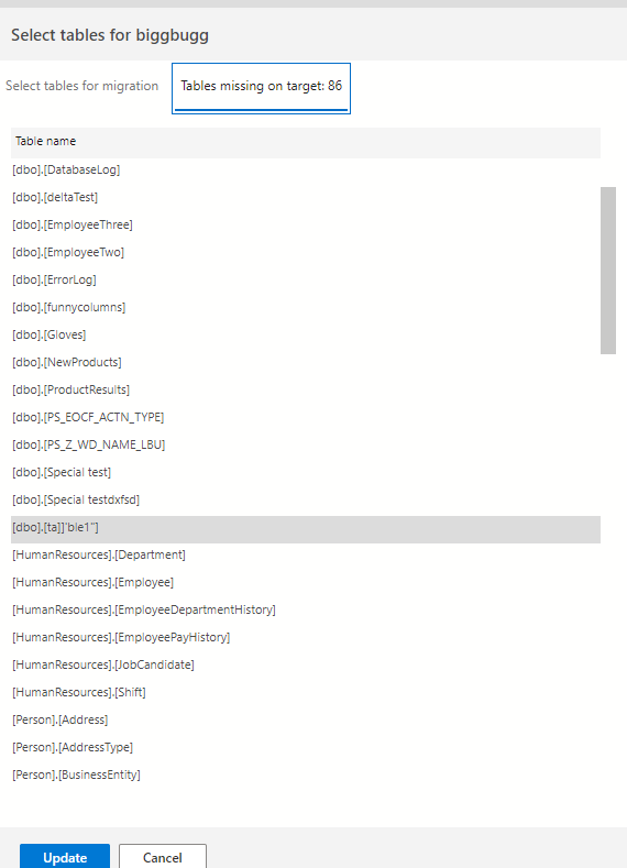 No tables from source displayed for migration from SQL Server to SQL DB ...