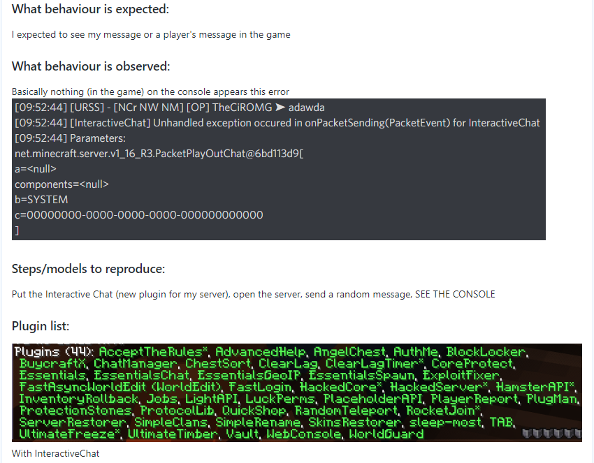InteractiveChat - Unhandled exception occured in onPacketSending · Issue #194 · PurpurMC/Purpur ...