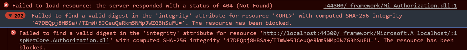 Blazor chat sample, loading issues, some files 404 and some 404 + Failed to find a valid digest ...