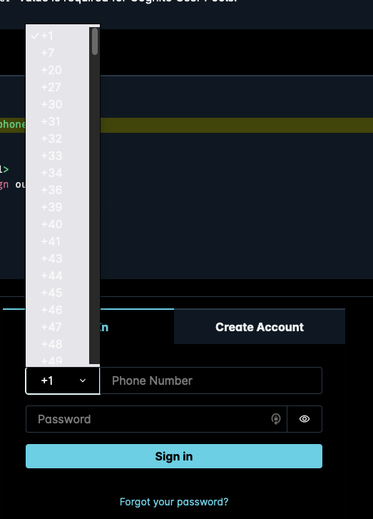 Bug Authenticator Country Code Selector Unreadable In Dark Mode · Issue 1104 · Aws Amplify