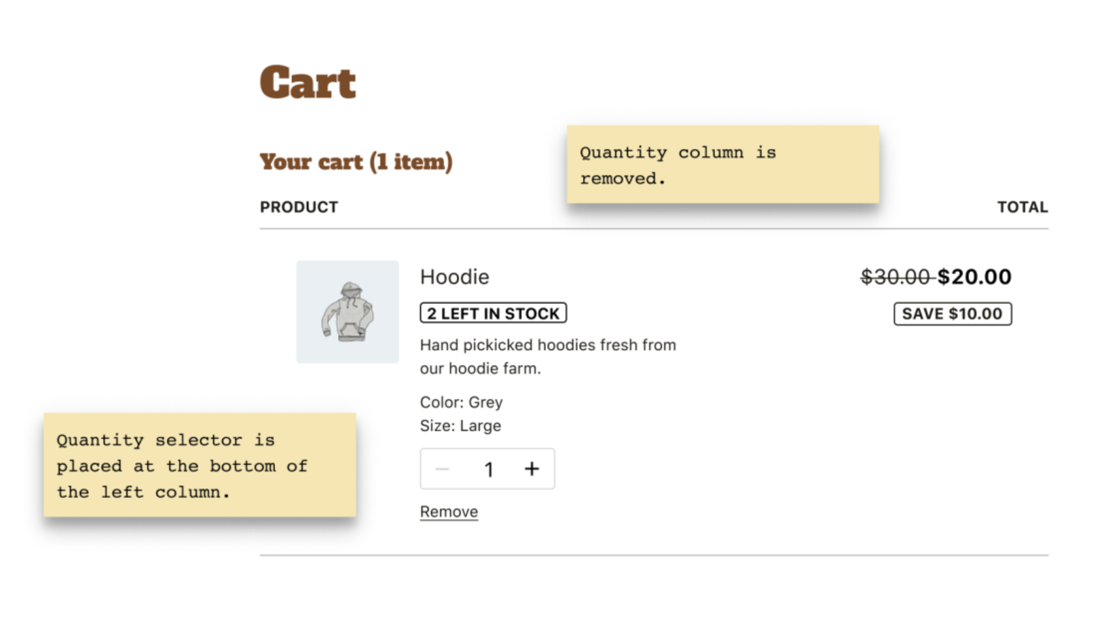 Remove quantity column in Cart and move Quantity selector and delete button to below Product ...