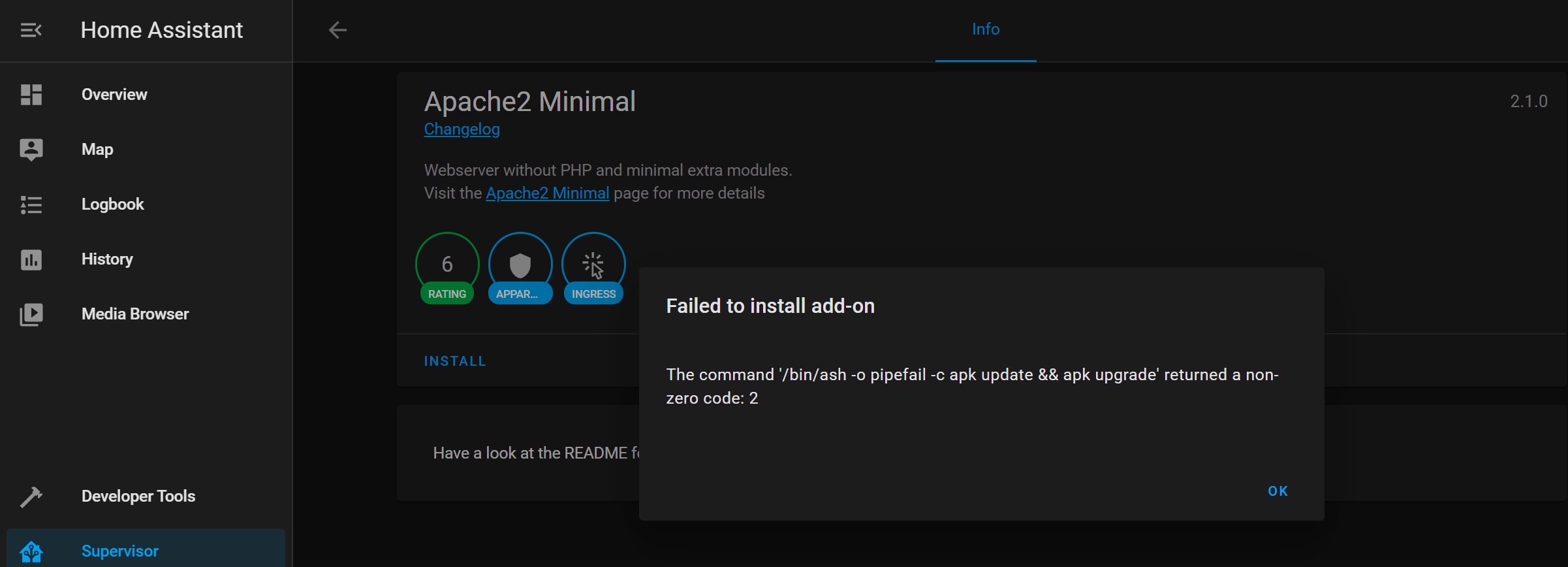 Issue installing Apache AddOn 'non-zero code:2' · Issue #33 · FaserF/hassio-addons · GitHub