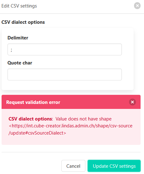 Error when changing CSV Settings for the delimiter · Issue #968 · zazuko/cube-creator · GitHub
