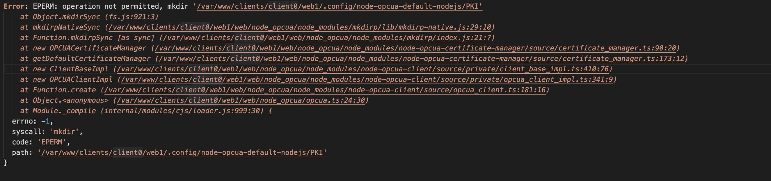 EPERM: operation not permitted, mkdir on certificate path. Can I change path of PKI certificate?