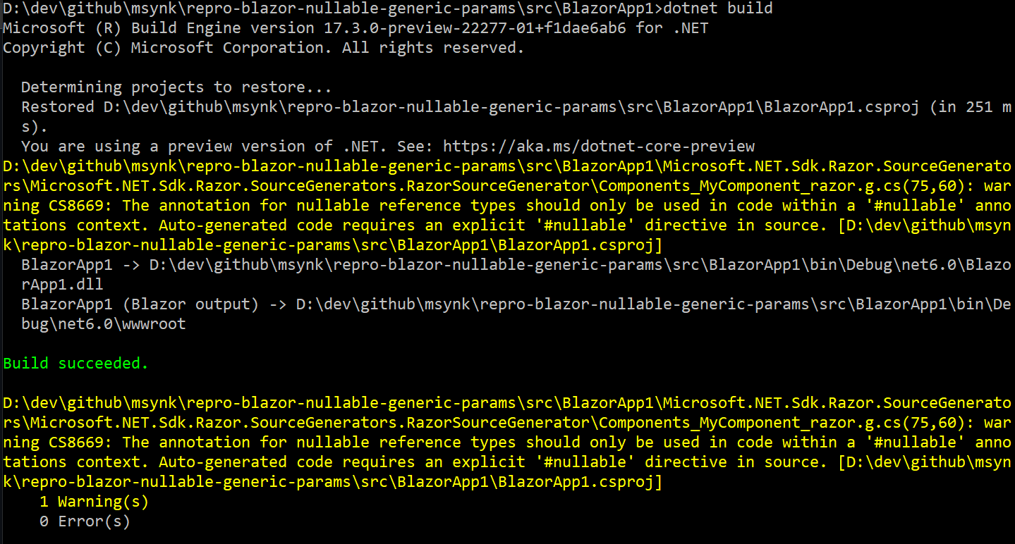 The Auto Generated Code For The Blazor Components Produces An Unfixable Warning When Using