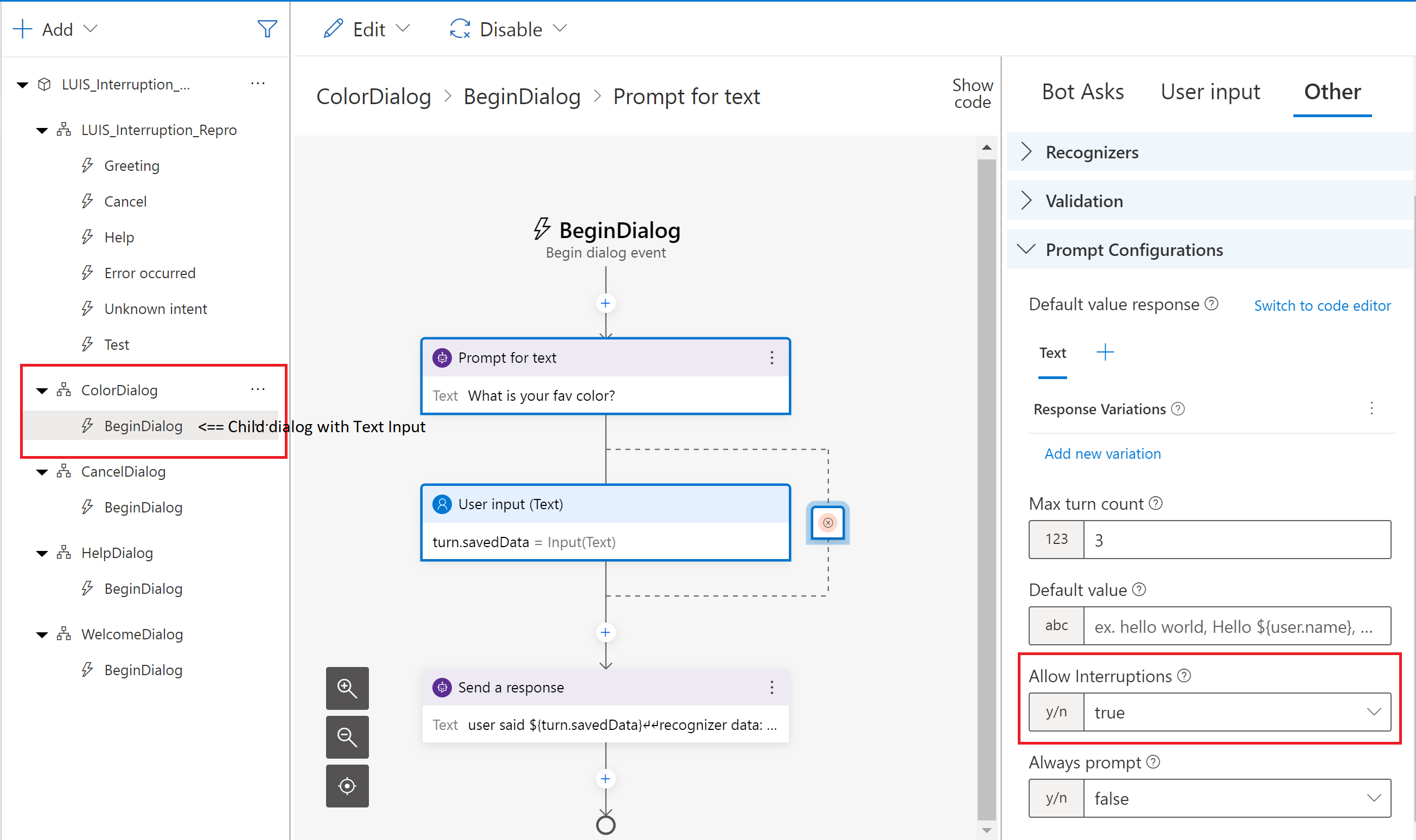 Child Recognizers hit twice in quick succession when interruptions are enabled in Child Dialog ...