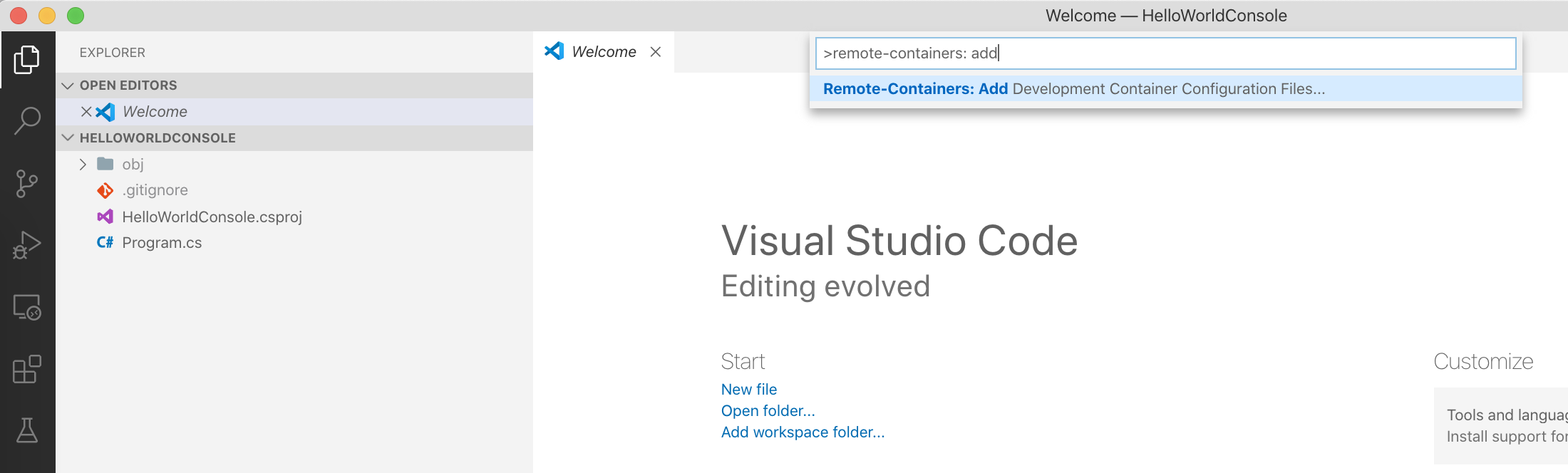 Not seeing the "Remote-Containers: Add Development Container Configuration Files" option ...