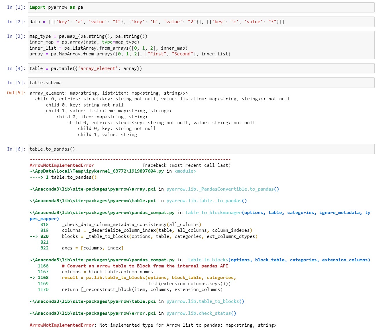 ArrowNotImplementedError: Not implemented type for Arrow list to pandas ...