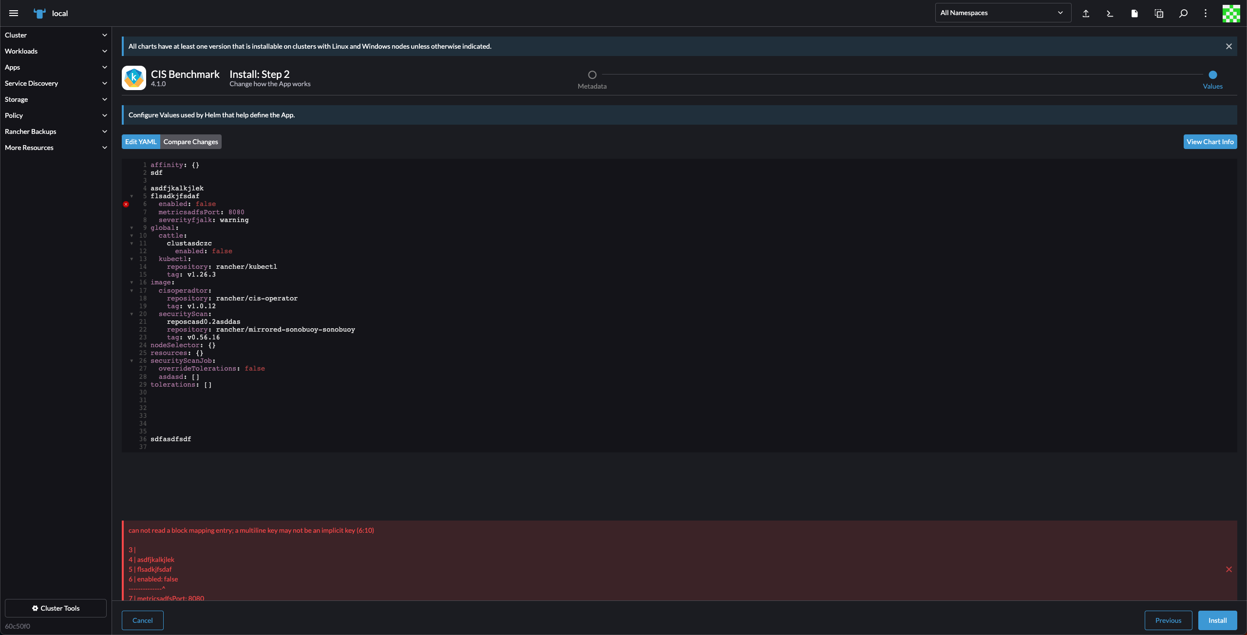 Errors when editing chart yaml not fully visible · Issue #9680 · rancher/dashboard · GitHub